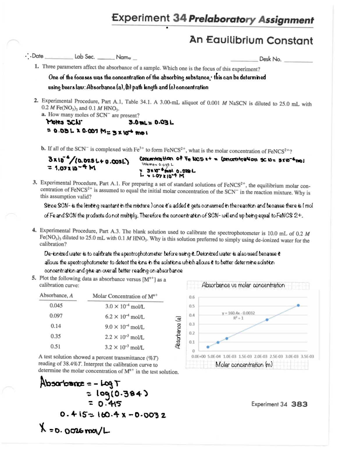 Equilibrium Pre Lab - One of the focuses was the concentration of the ...