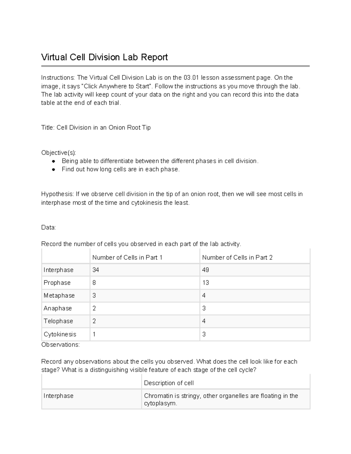 Virtual Cell Division Lab Report - Virtual Cell Division Lab Report ...