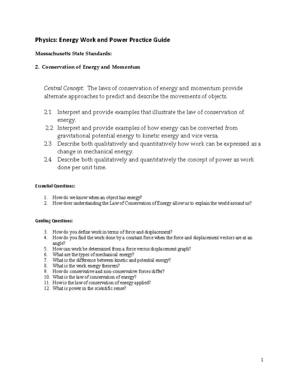 Physics Practice Guide Regarding Energy - Physics: Energy Work and ...