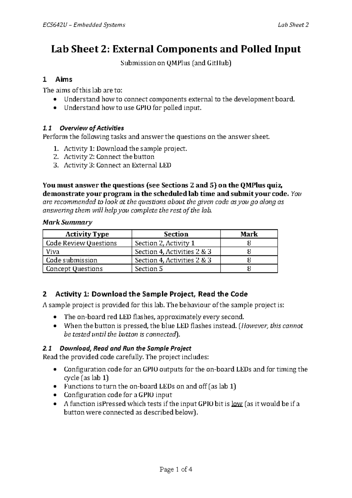 Lab2 Embedded Systems - ECS642U Embedded Systems Lab Sheet 2 Lab Sheet ...