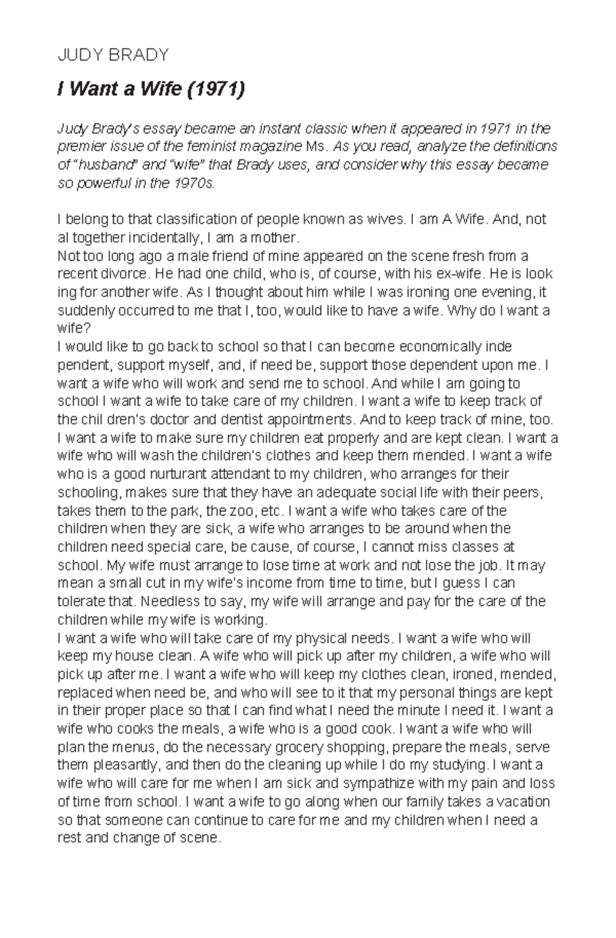 I Want a Wife (1971) - This is a brief reading about writing by Judy ...