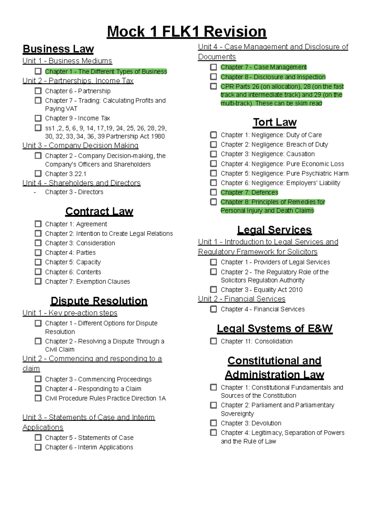 Mock Revision Checklist 2 - Mock 1 FLK1 Revision Business Law Unit 1 ...