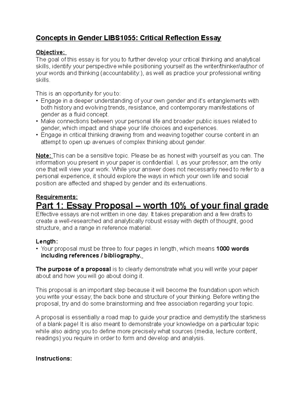 Gender - Critical Reflection Essay - Concepts in Gender LIBS1055 ...