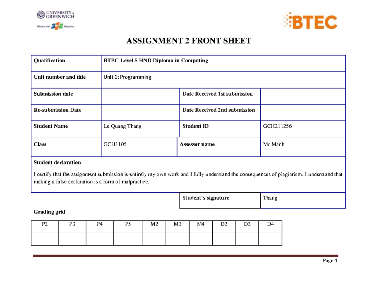 1618 Le Quang Thang A2 - Good - ASSIGNMENT 2 FRONT SHEET Qualification ...
