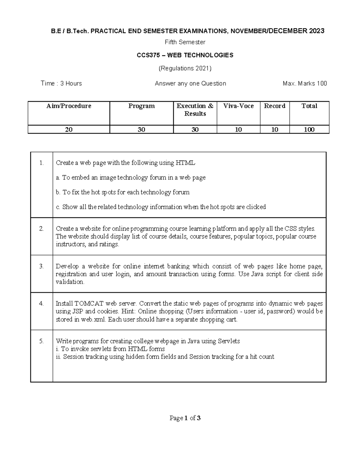 CCS375 SET1 - Page 1 of 3 B / B. PRACTICAL END SEMESTER EXAMINATIONS ...