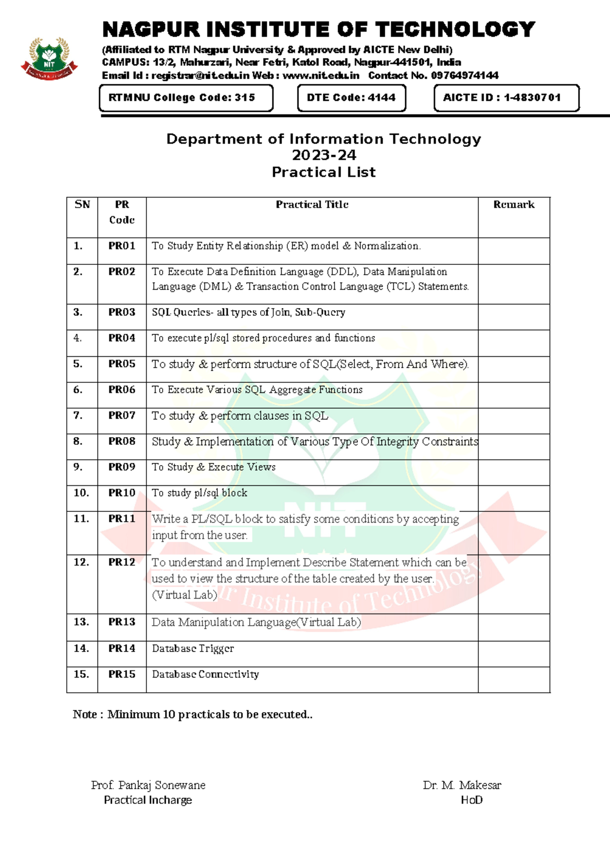 Practical List - RTMNU College Code: 315 DTE Code: 4144 AICTE ID : 1 ...