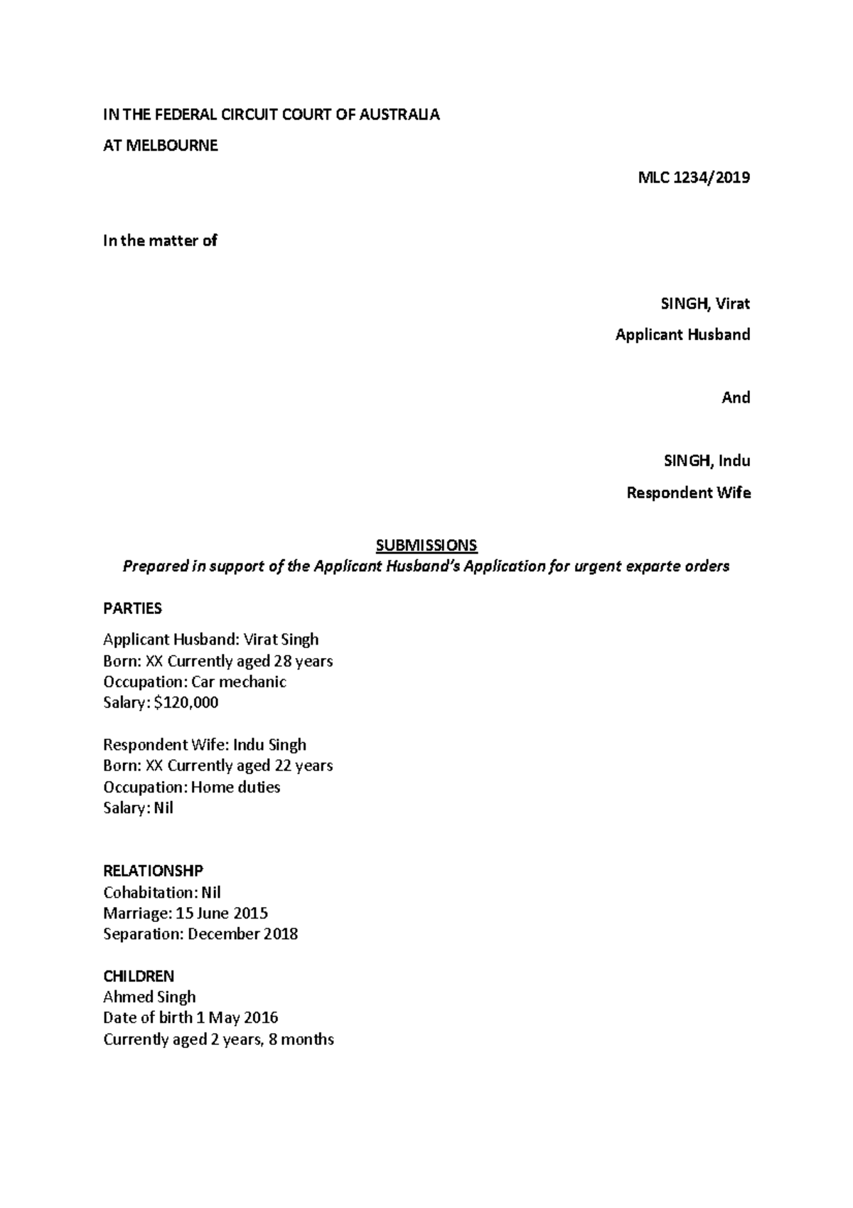 2 Written Submissions Example s2 - IN THE FEDERAL CIRCUIT COURT OF ...