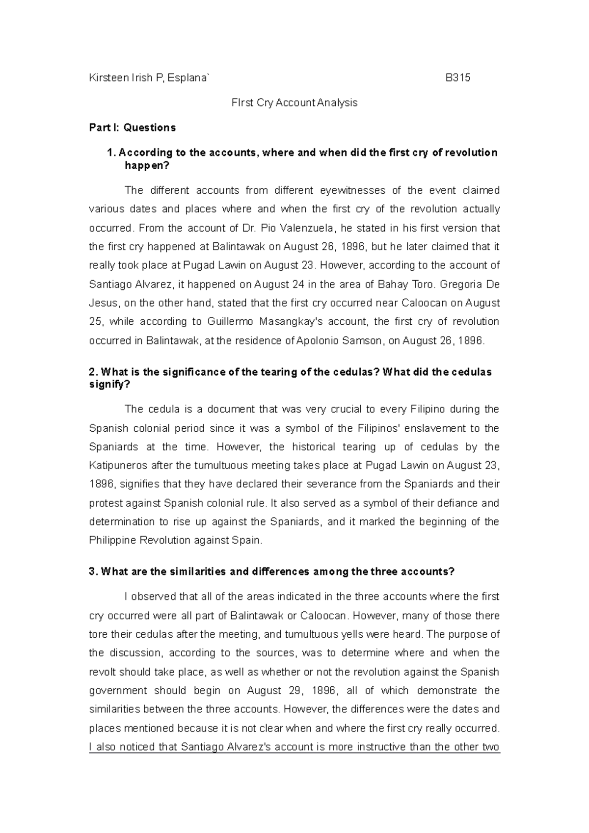 First Cry of the Revolution Analysis - RPH - Kirsteen Irish P, Esplana ...