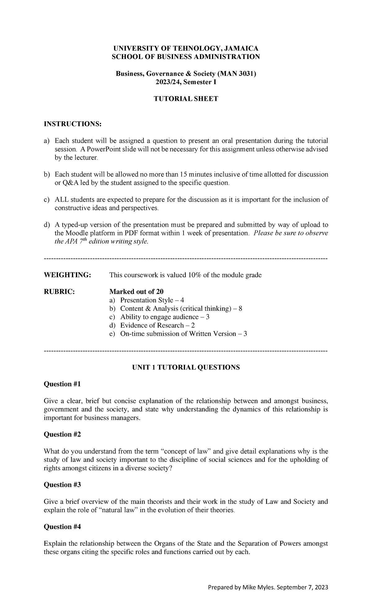 BGS Tutorial Sheet Semester 1 - Prepared by Mike Myles. September 7 ...