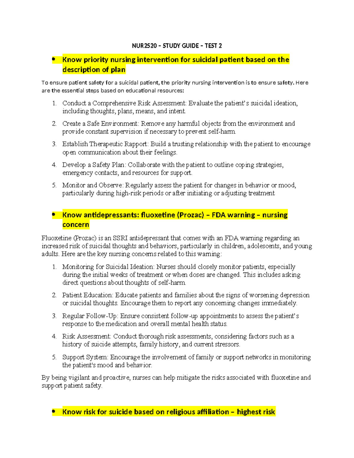 NUR2520 – Study Guide – TEST 3 - NUR2520 – STUDY GUIDE – TEST 2 Know ...