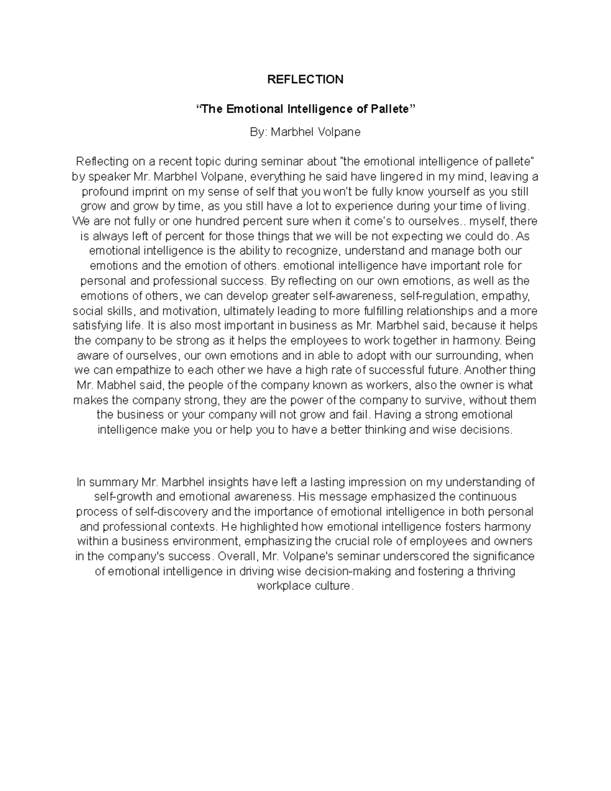 Reflection- Special- Topic - REFLECTION “The Emotional Intelligence of ...