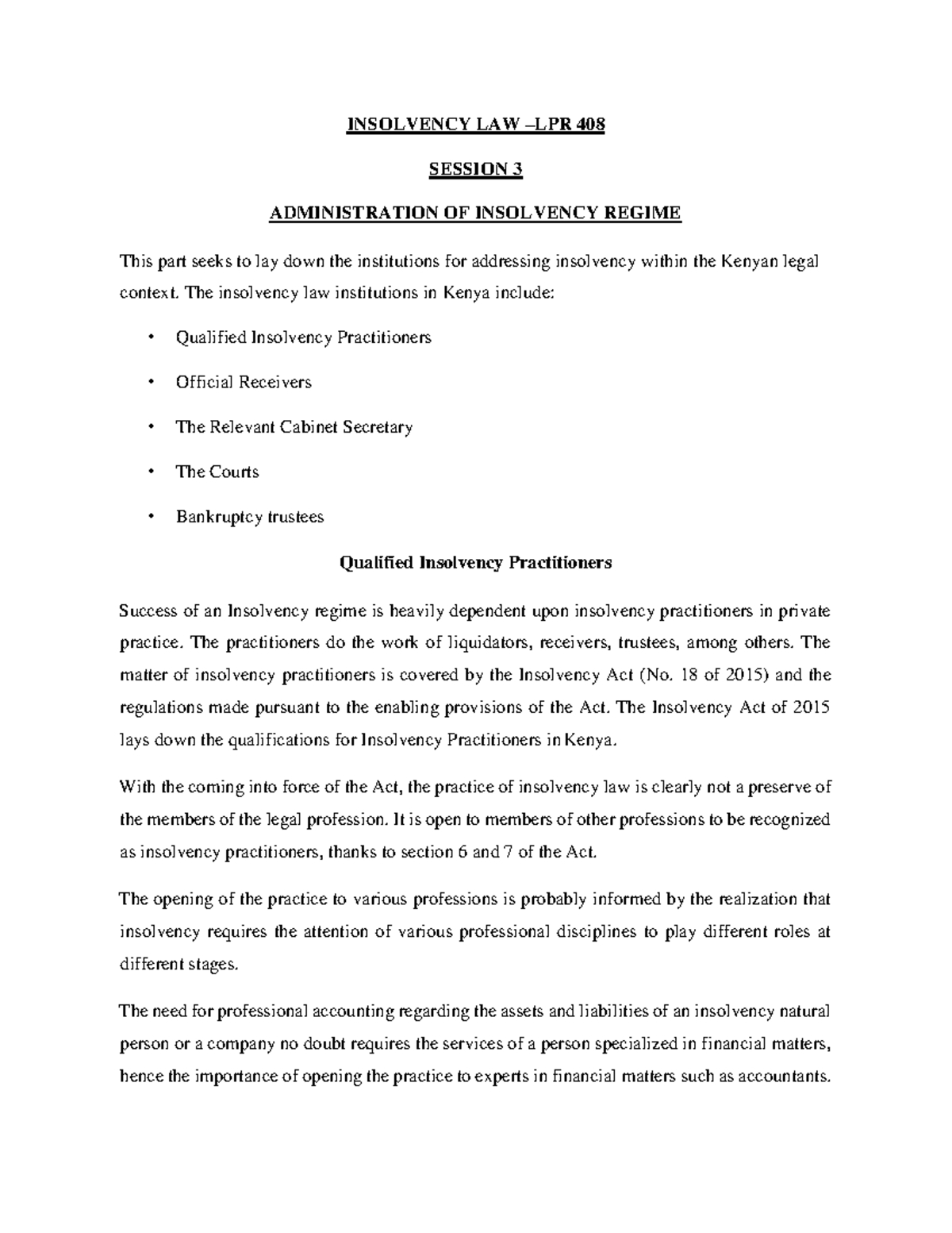 LPR 408- Session 3 - notes - INSOLVENCY LAW – LPR 408 SESSION 3 ...