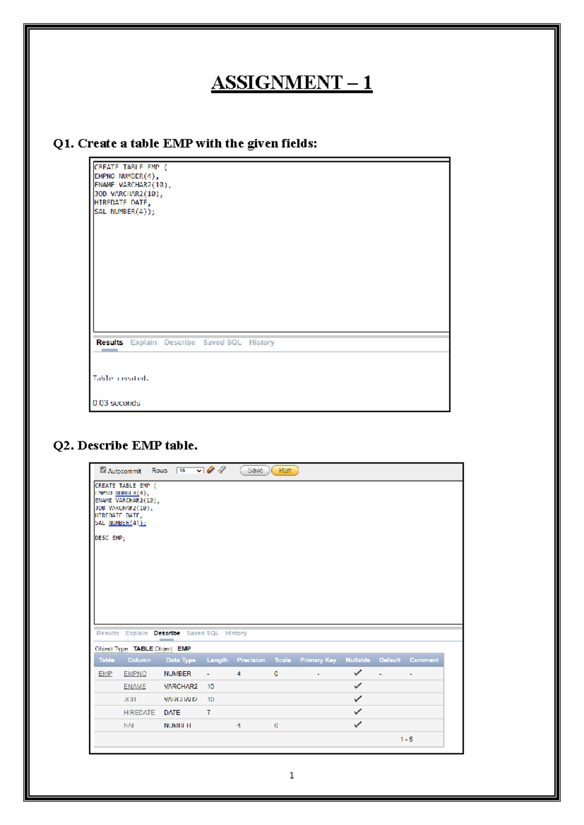 ISM Assignments - ASSIGNMENT – 1 Q1. Create a table EMP with the given ...