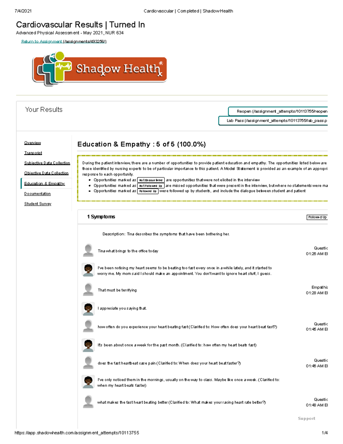 Cardiovascular Completed Shadow Health empathy - Cardiovascular Results ...