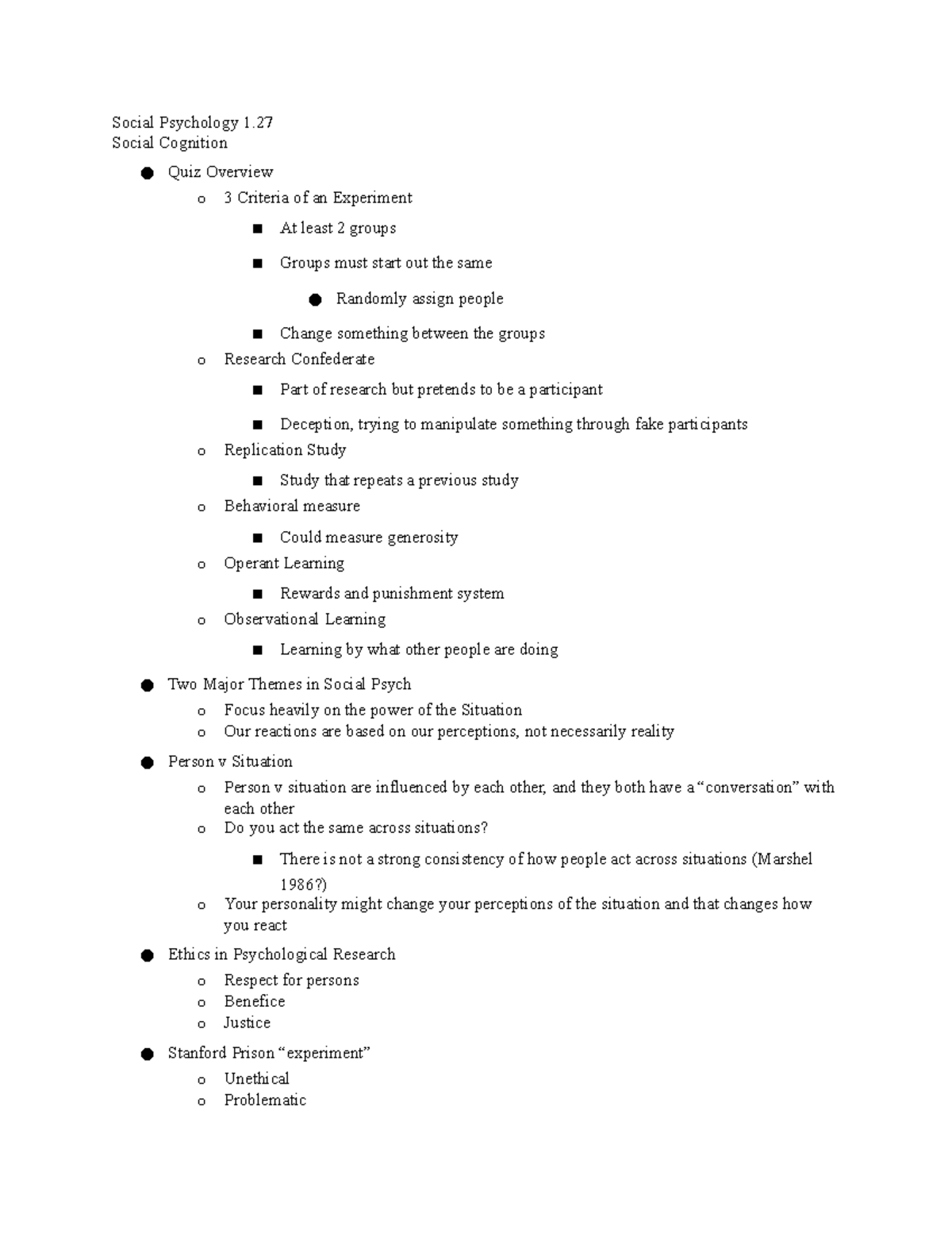 1 27 - Hangen - Social Psychology 1. Social Cognition Quiz Overview o 3 ...