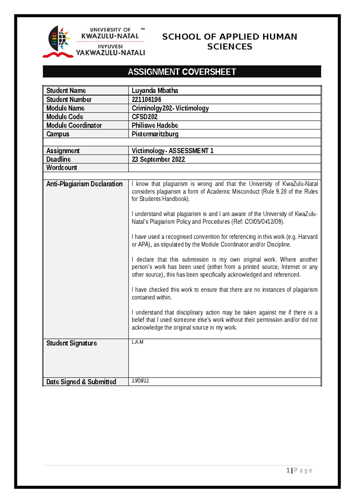 221106196- Luyanda Mbatha - SCHOOL OF APPLIED HUMAN SCIENCES ASSIGNMENT ...