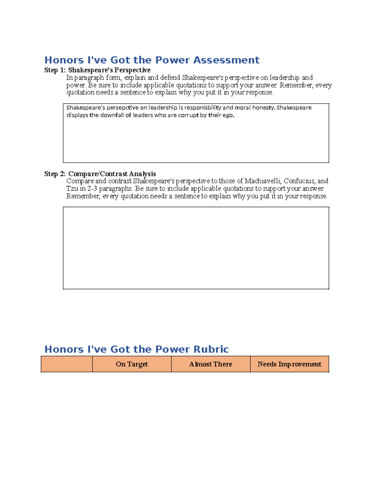 Honors ive got the power assess rubric - Honors I've Got the Power ...