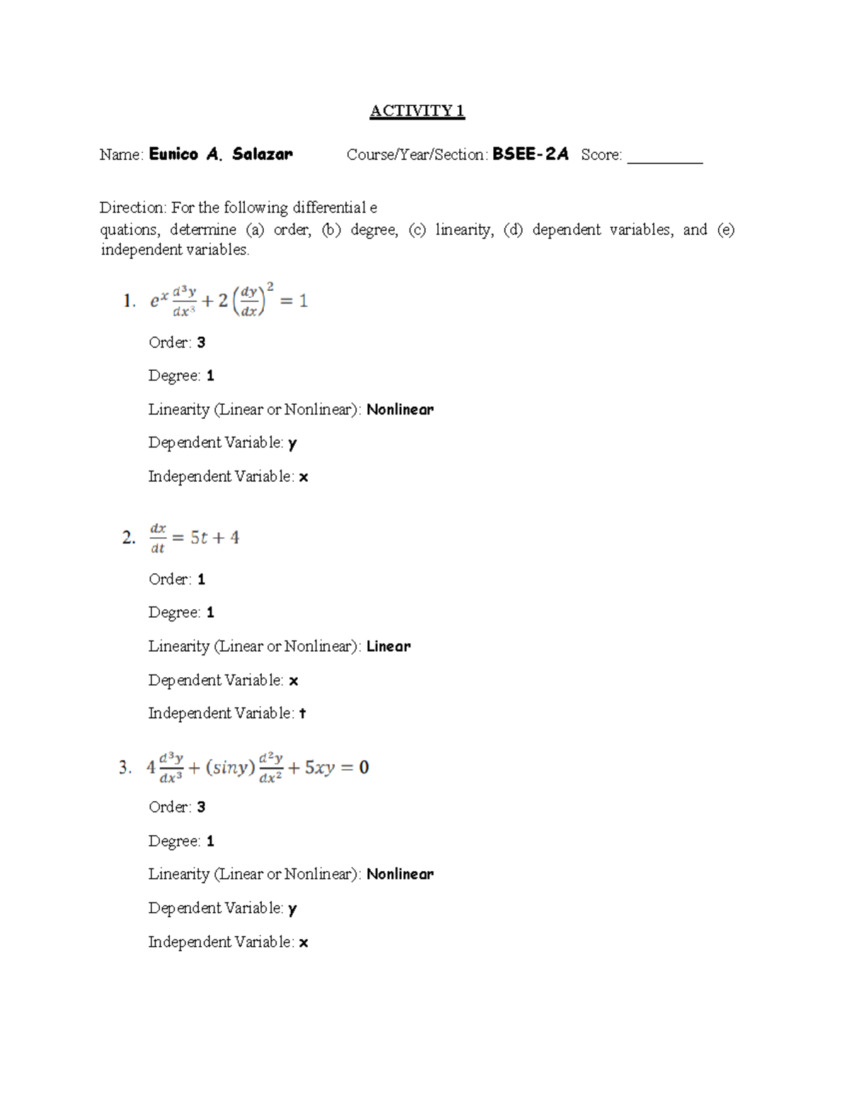 Differential Equations activity 1 - ACTIVITY 1 Name: Eunico A. Salazar ...