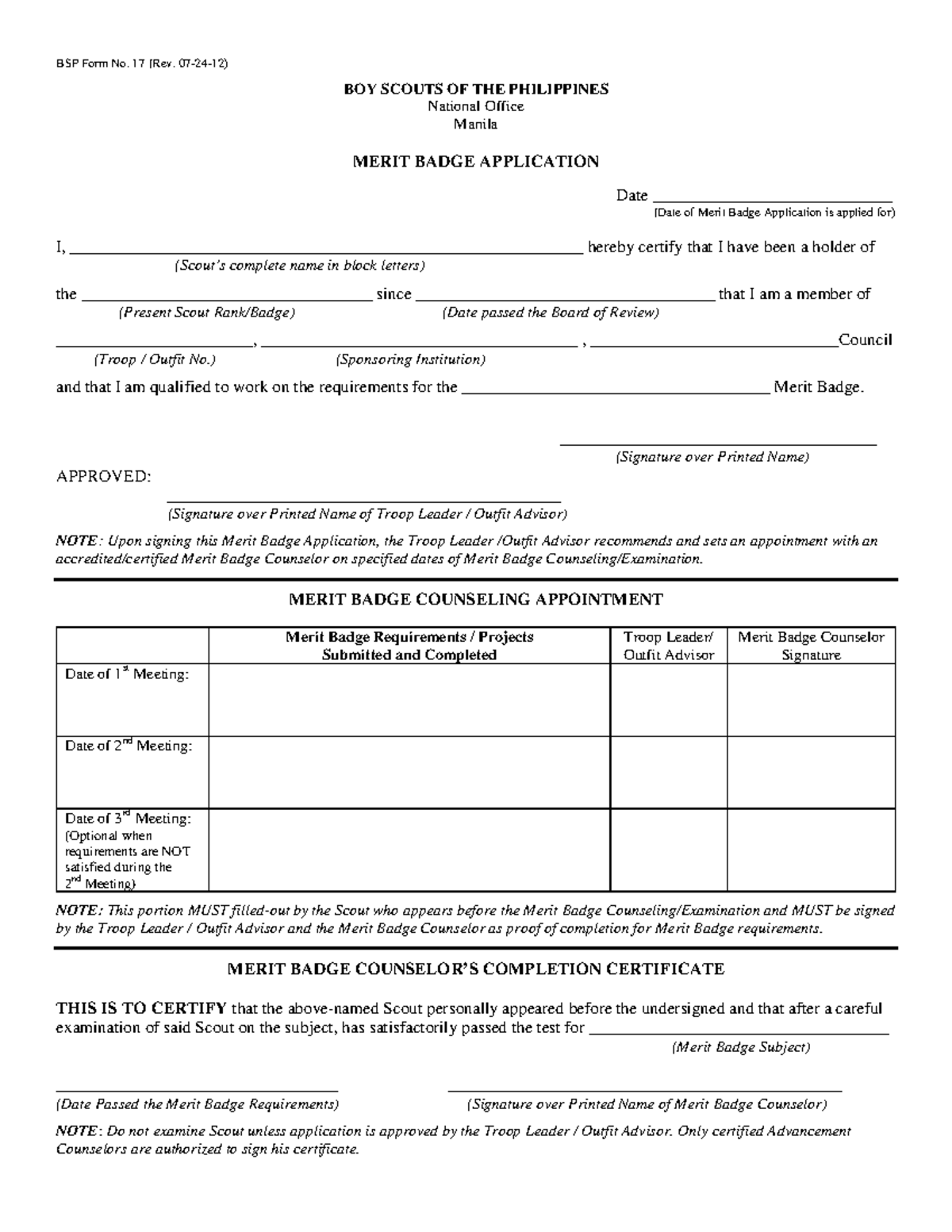 Merit Badge Application - BSP Form No. 17 (Rev. 07-24-12) BOY SCOUTS OF ...