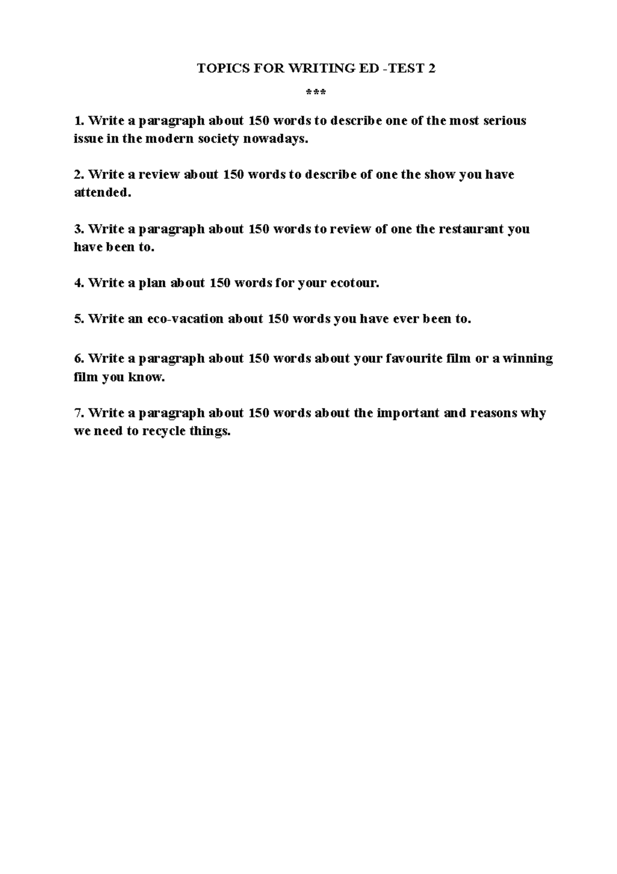 Topics FOR Writing TEST - TA2 - TOPICS FOR WRITING ED -TEST 2 *** Write ...