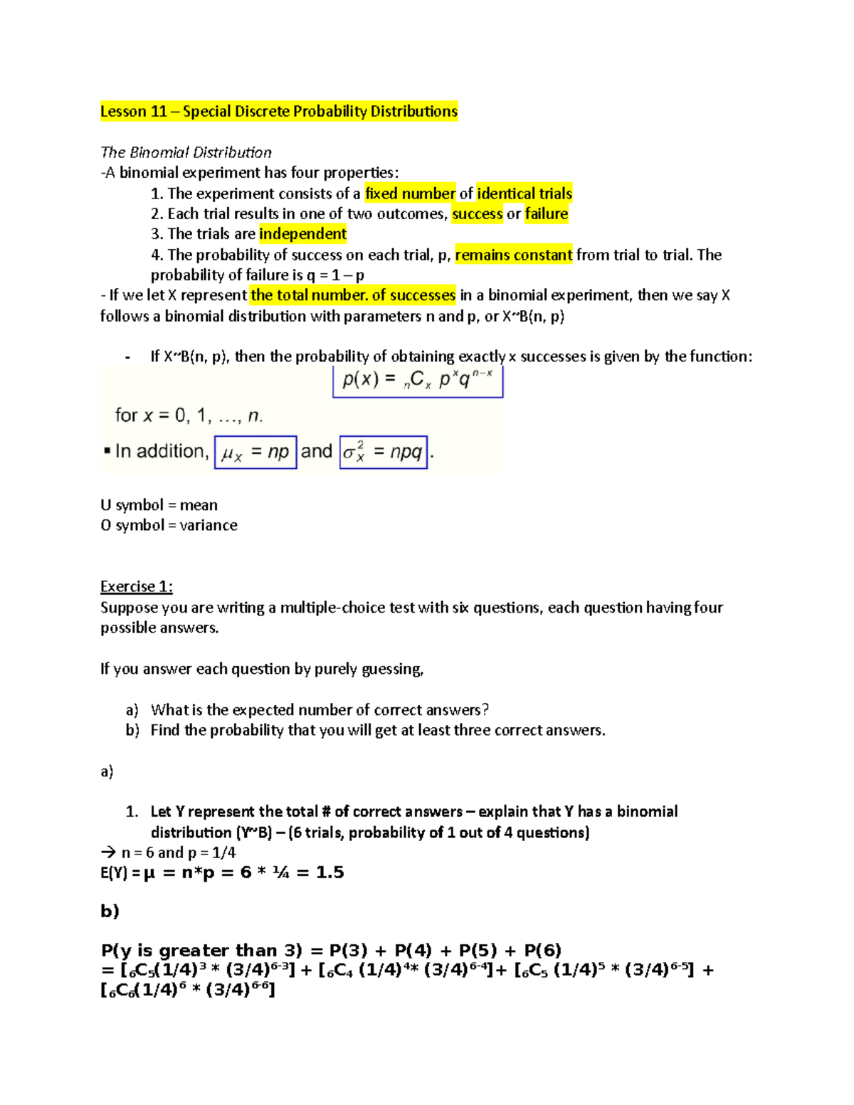 Lesson 11, 12, 13 Notes - Binomial Probability Distribution. Poisson ...