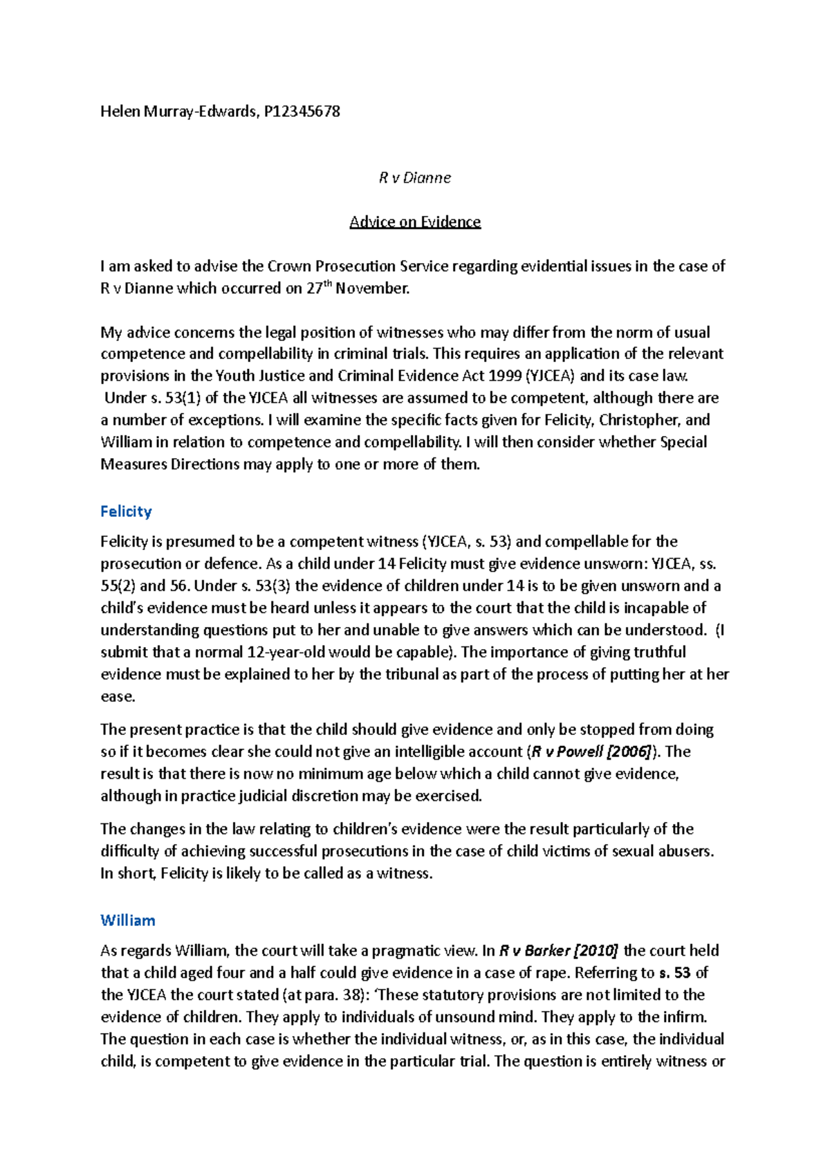 Sample Advice evidence - Helen Murray-Edwards, P R v Dianne Advice on ...