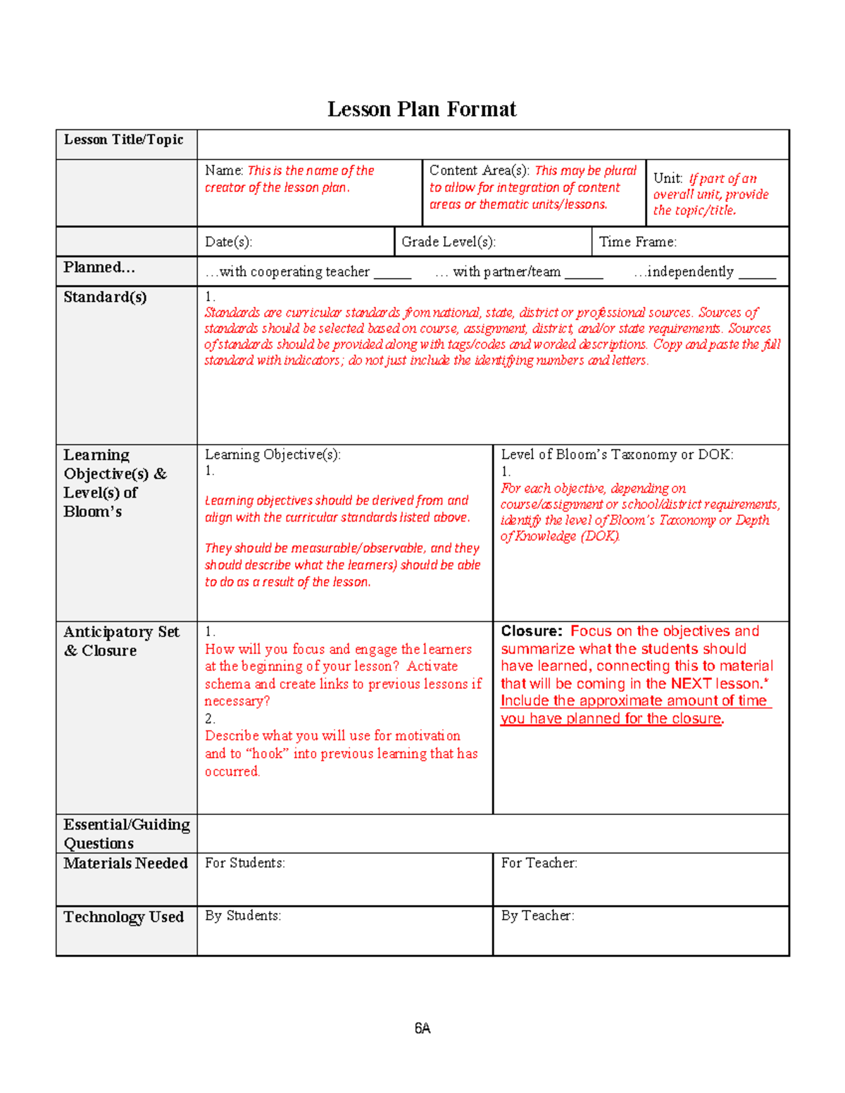 2023-Student-Teaching Lesson-Plan-format - 6 A Lesson Plan Format ...