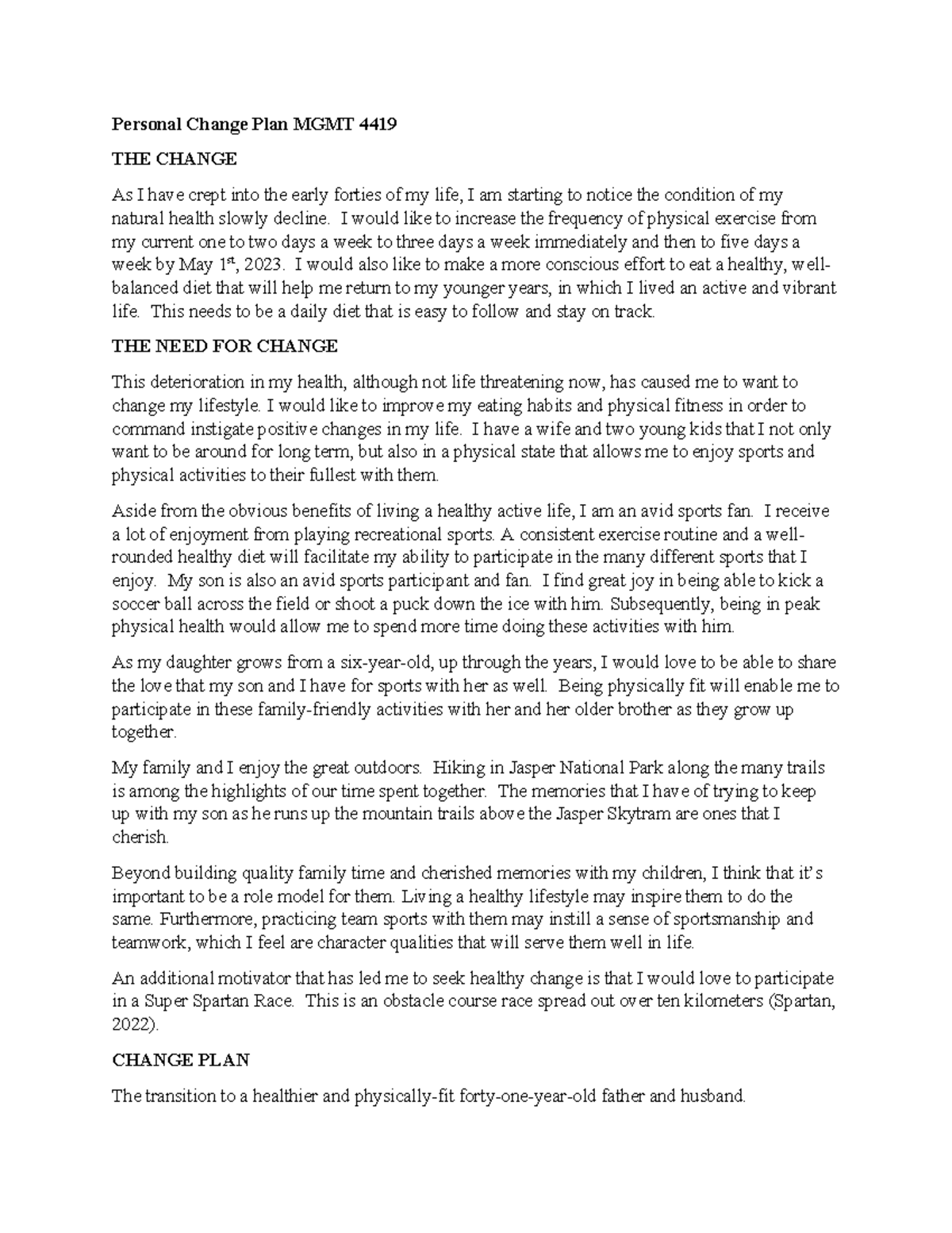 Example Example Personal Change Plan MGMT 4419 - Personal Change Plan ...