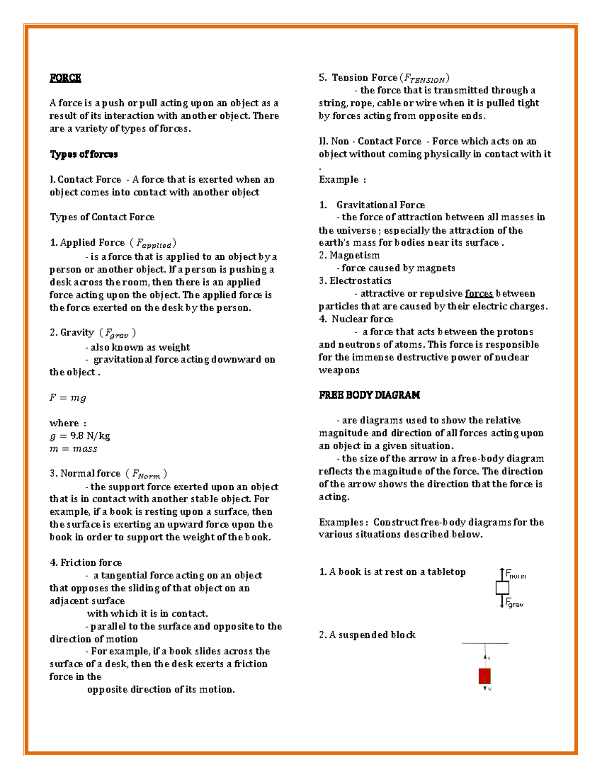 Force physics 1st year - FORCE A force is a push or pull acting upon an ...