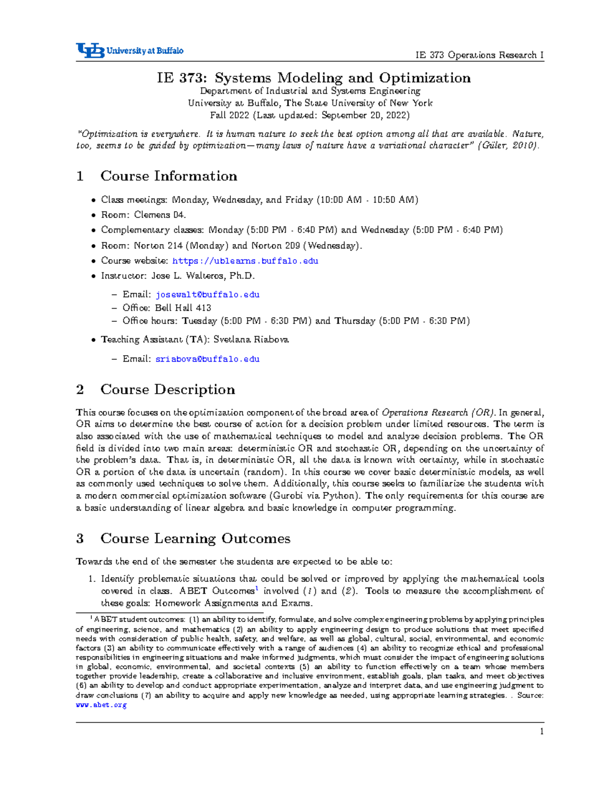 IE373-Syllabus - N/A - IE 373: Systems Modeling and Optimization Department of Industrial and ...