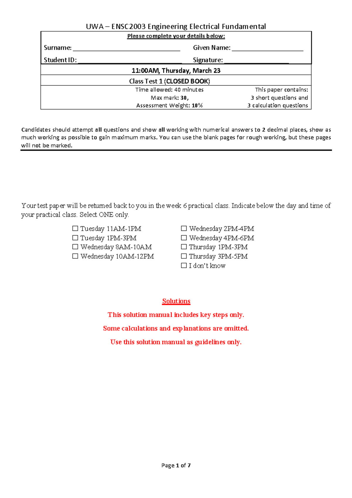 Class Test 1 sample A updated - UWA – ENSC2003 Engineering Electrical ...