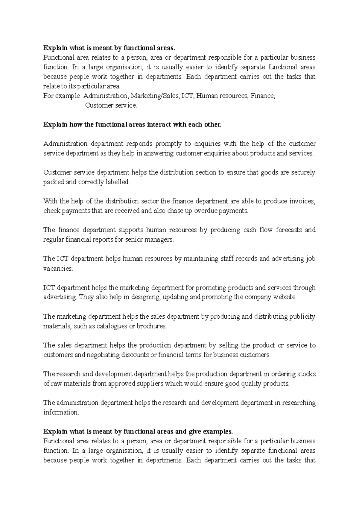 Understanding business - Explain what is meant functional areas ...