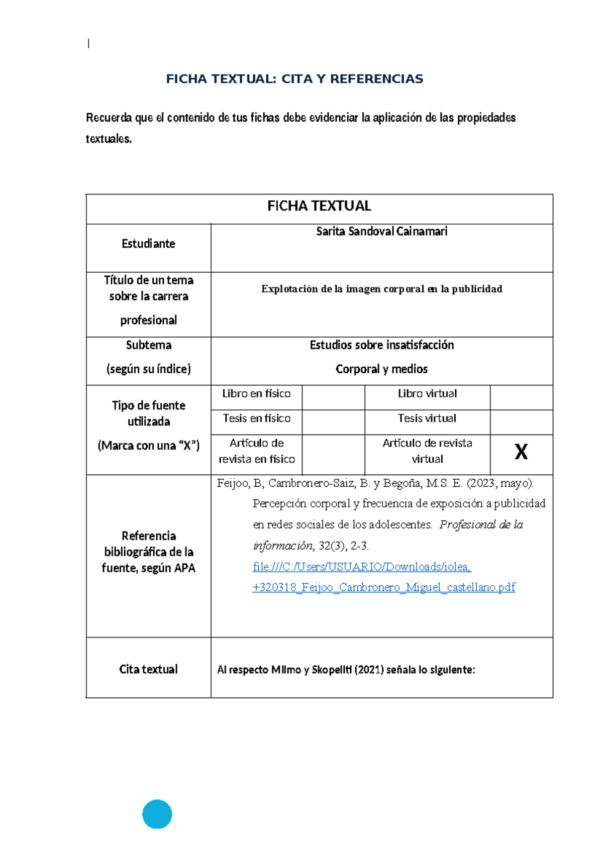 Ficha Textual-1 - Ejercicios - P FICHA TEXTUAL: CITA Y REFERENCIAS ...