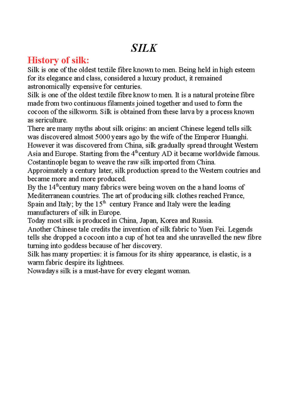 SILK PDF - Riassunto - SILK History of silk: Silk is one of the oldest ...