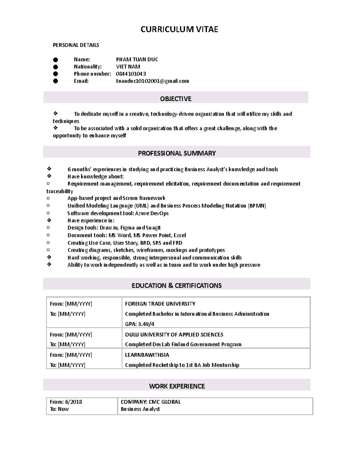 Learn BAwith Sia CV template - CURRICULUM VITAE PERSONAL DETAILS Name ...