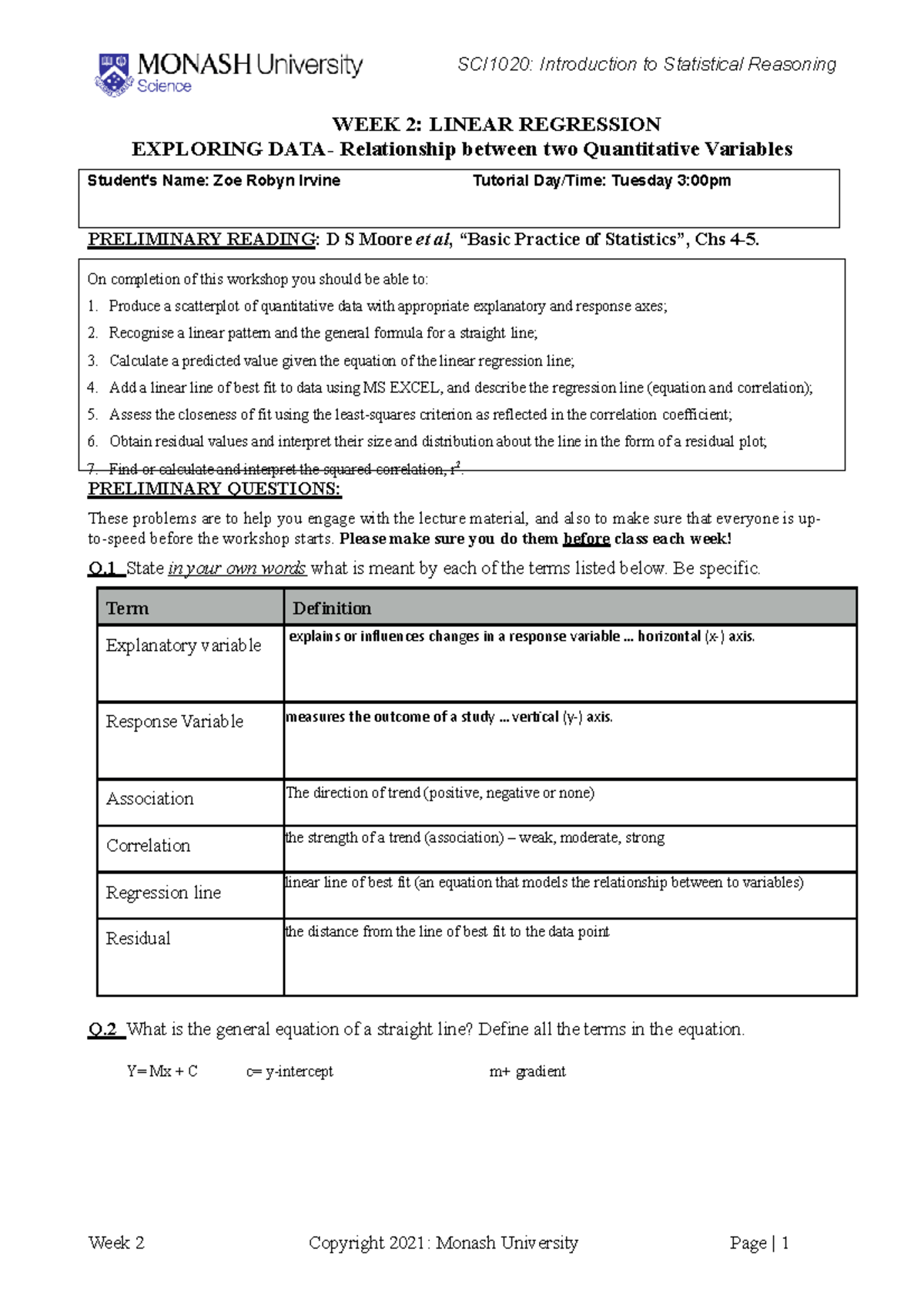 WEEK 02 stats sheet - SCI1020: Introduction to Statistical Reasoning WEEK 2: LINEAR REGRESSION ...