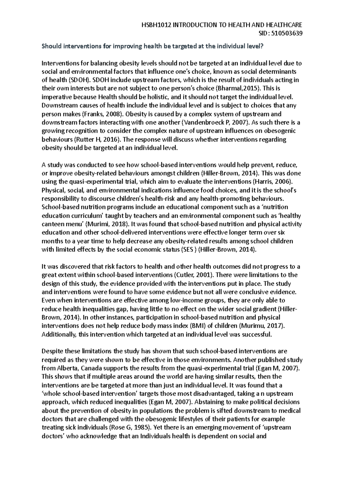 510503639-HSBH1012 - Introduction to Health and Health Care assignment ...