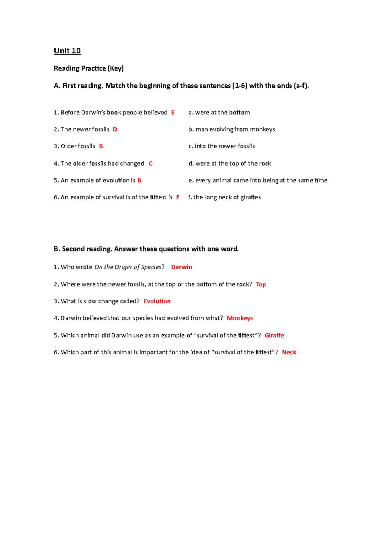 Reading Practice 10 (Key) - Unit 10 Reading Practice (Key) A. First ...