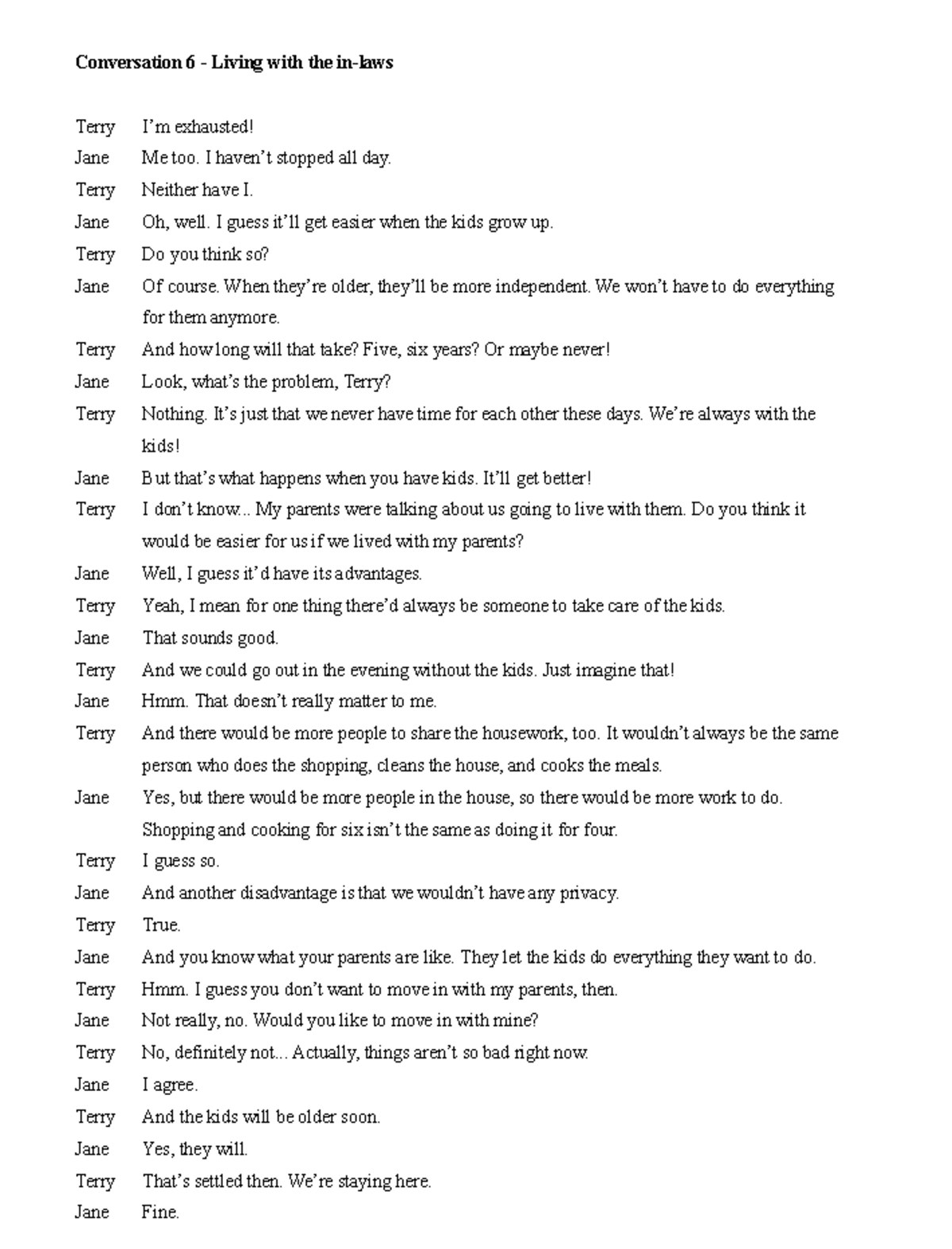 6. Conversation 6 - Living with the In-laws (GEP 3) - Conversation 6 ...