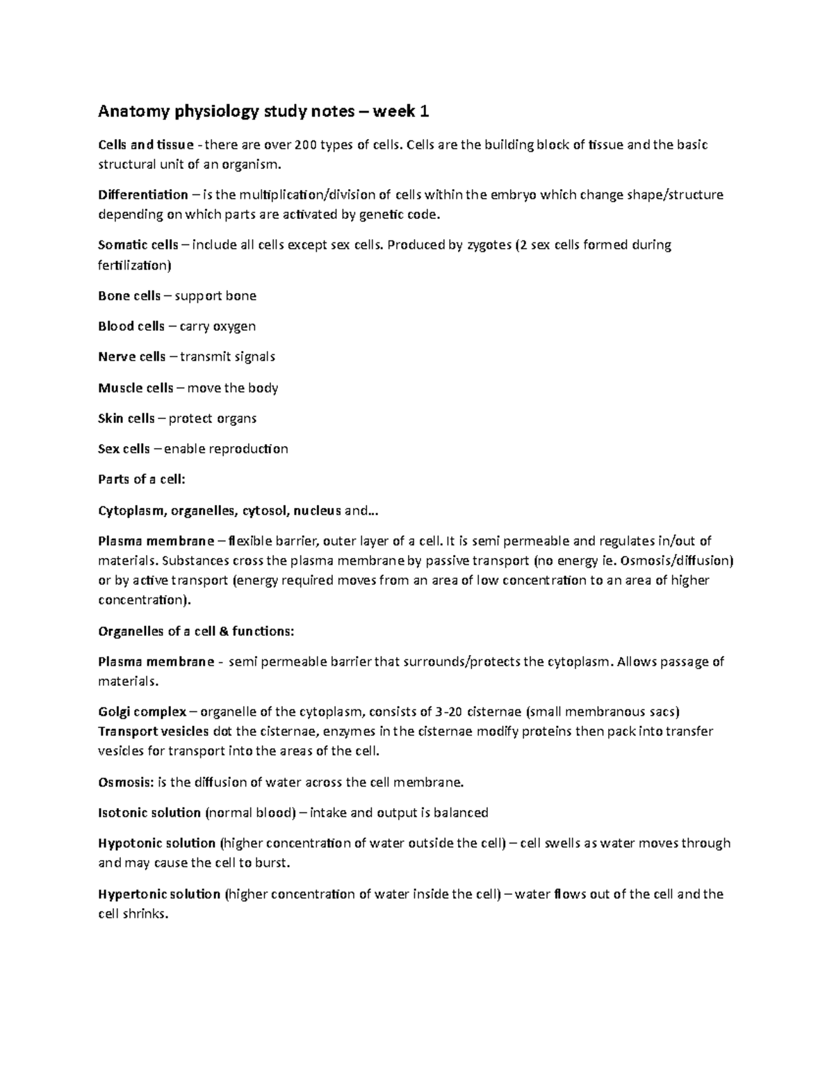 Anatomy study notes WK 1-Cells - Anatomy physiology study notes – week ...