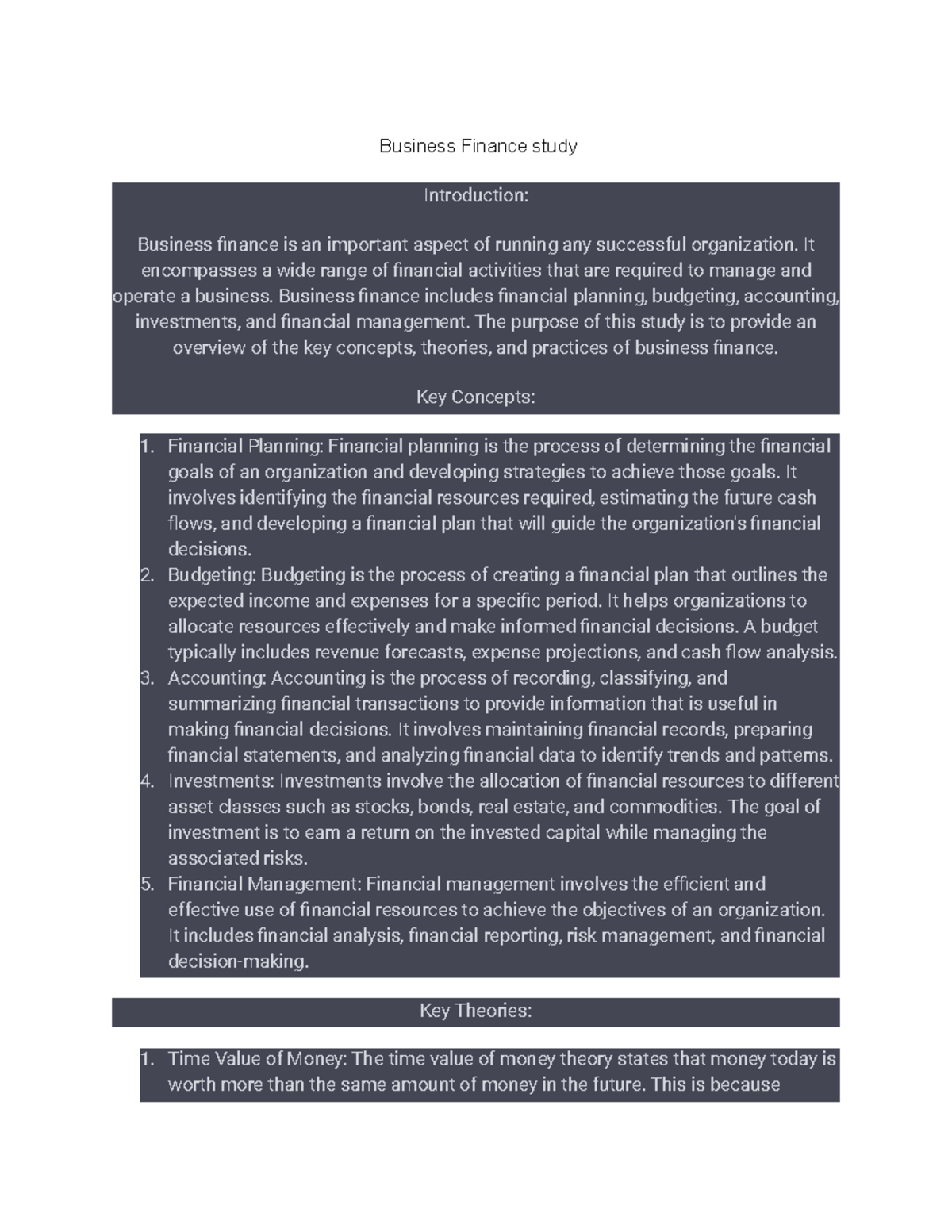 Business Finance study - Business Finance study Introduction: Business ...