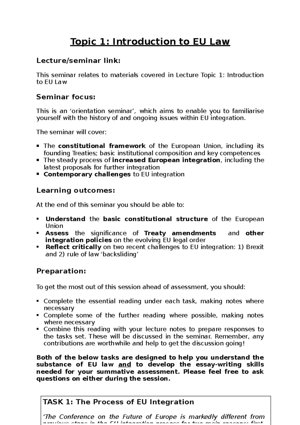 Seminar Preparation Guide - Topic 1 - Topic 1: Introduction to EU Law Lecture/seminar link: This ...