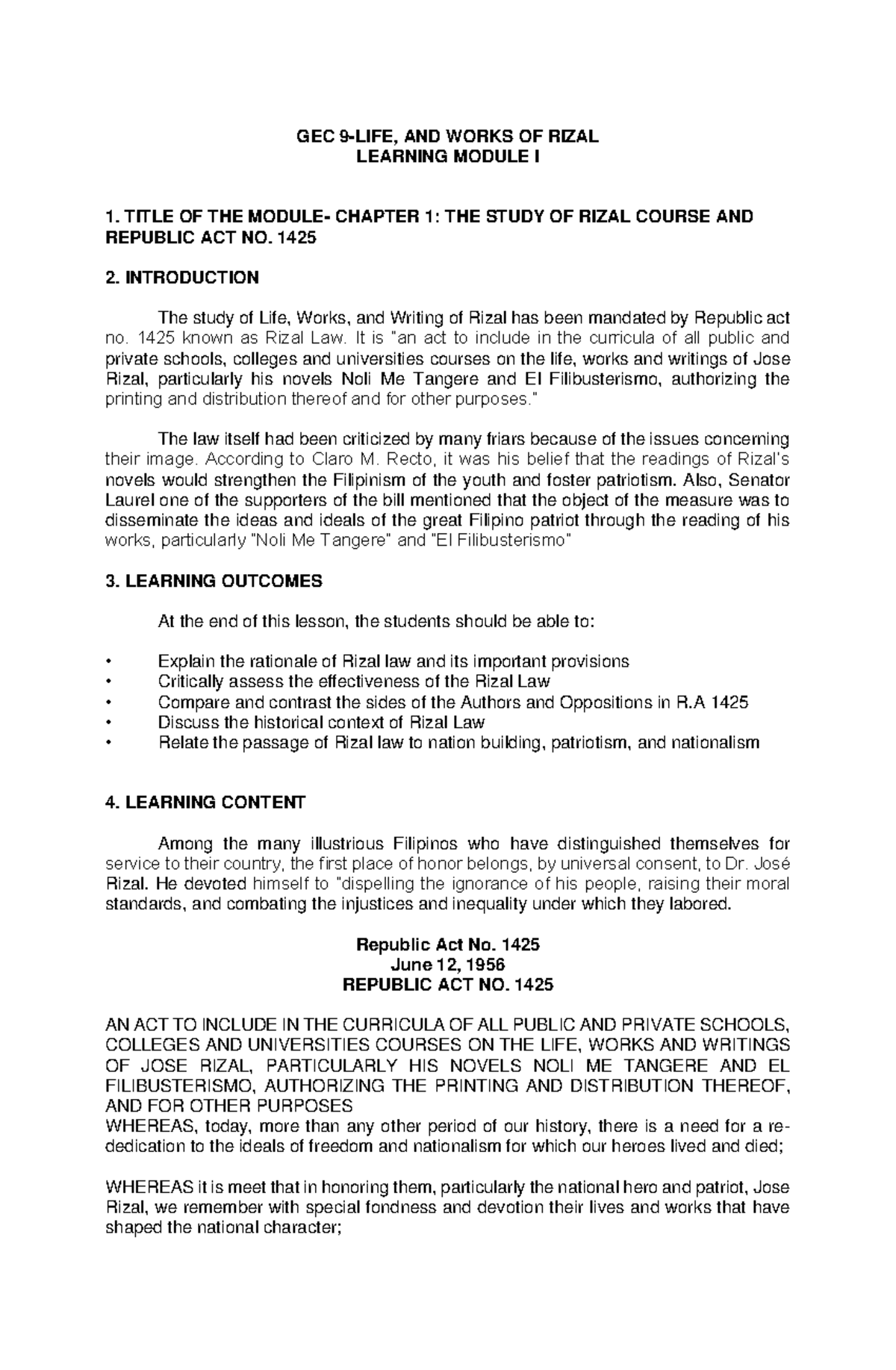Hapter 1 THE Study OF Rizal Course AND Republic ACT 1425 - GEC 9-LIFE ...