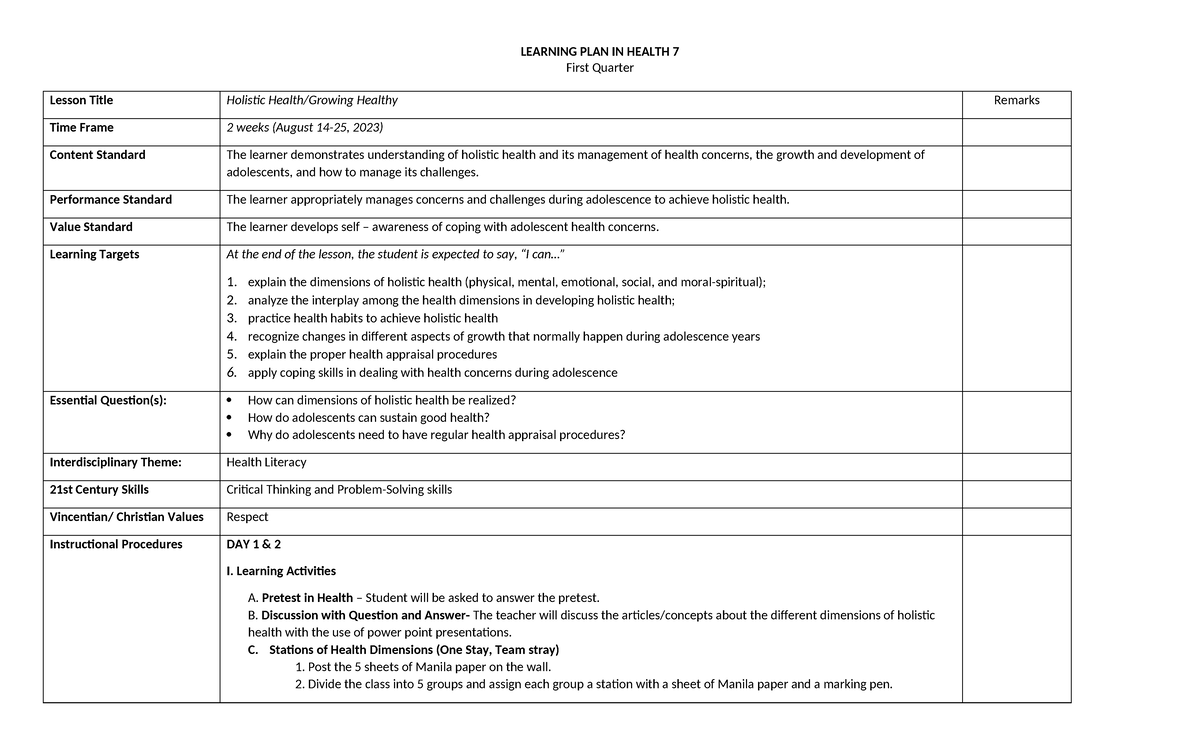 LP in Health 7 1st Q - LEARNING PLAN IN HEALTH 7 First Quarter Lesson ...