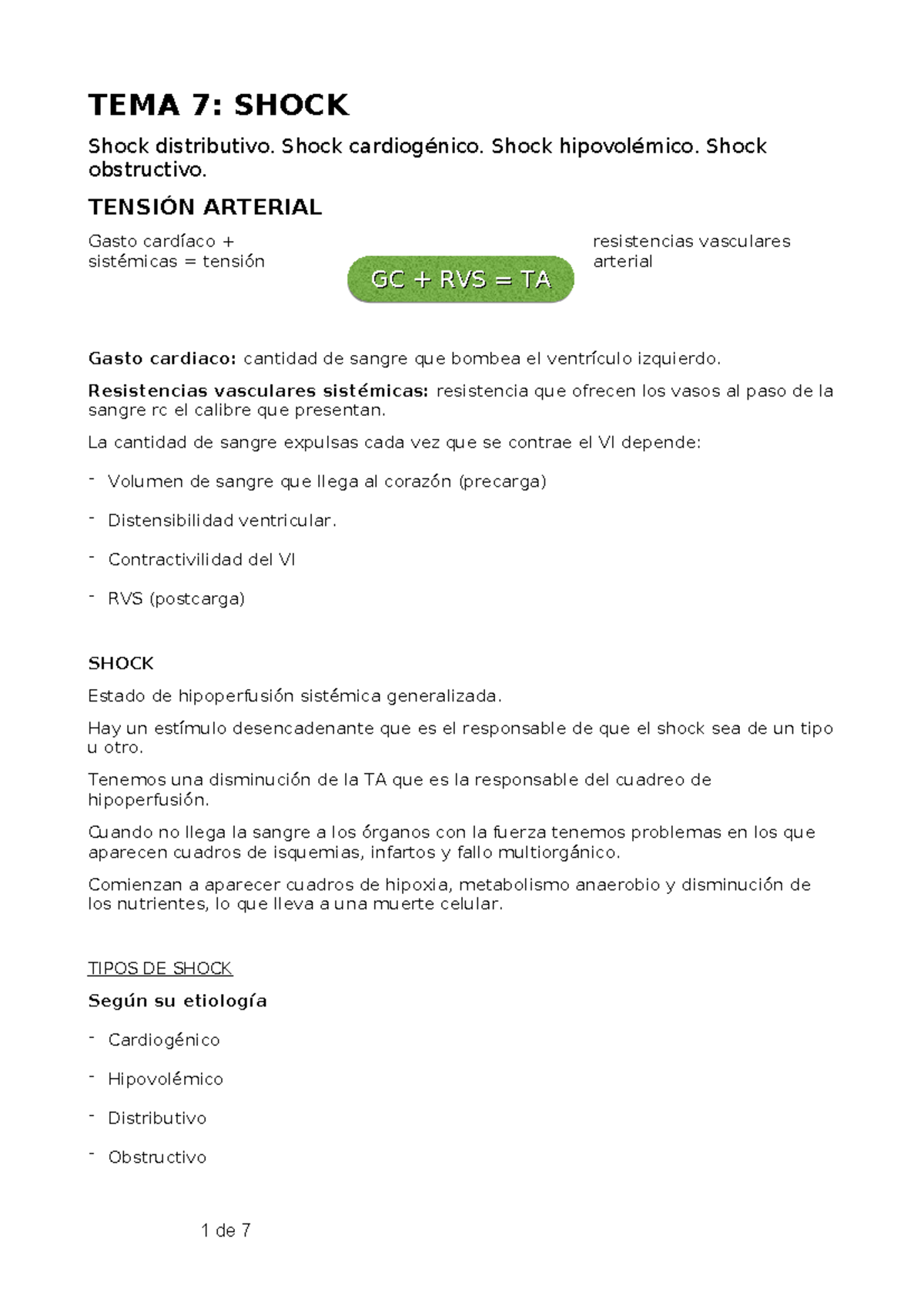 TEMA 7 Complejos - Cardiologia - TEMA 7: SHOCK Shock distributivo ...