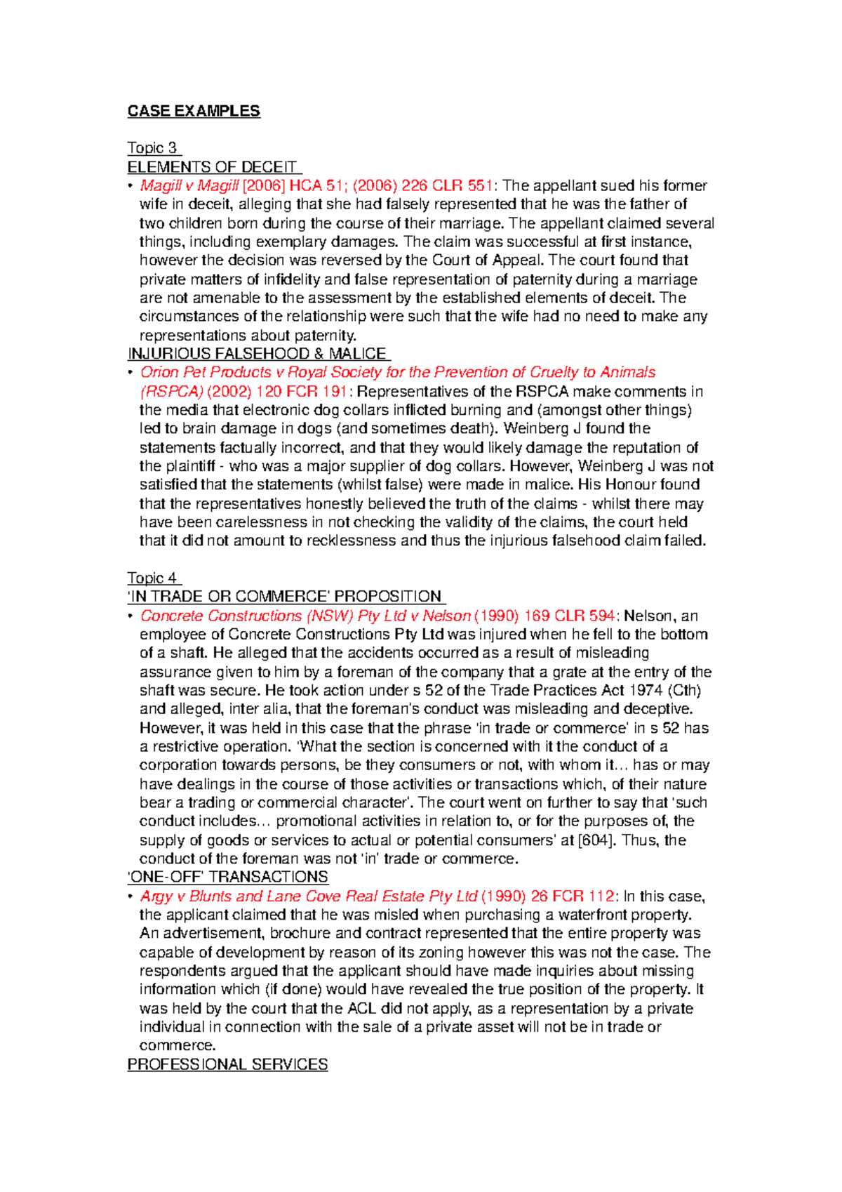 Summary Of Relevant Cases - CASE EXAMPLES Topic 3 ELEMENTS OF DECEIT ...