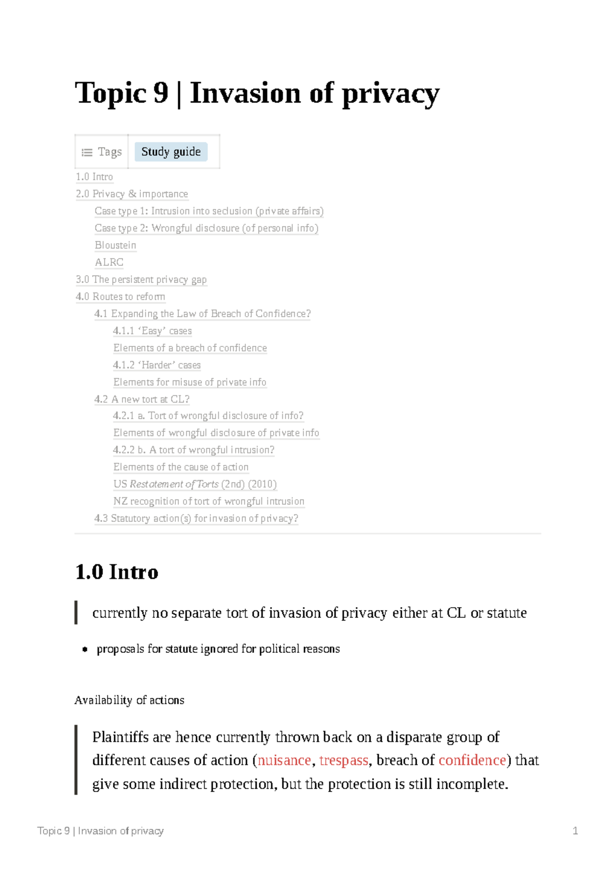 torts 2 - laws2703 week 9 summary - Topic 9 | Invasion of privacy Tags ...