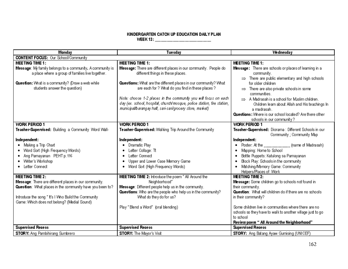 Kindergarten Lesson Plan Week 13 - KINDERGARTEN CATCH UP EDUCATION ...