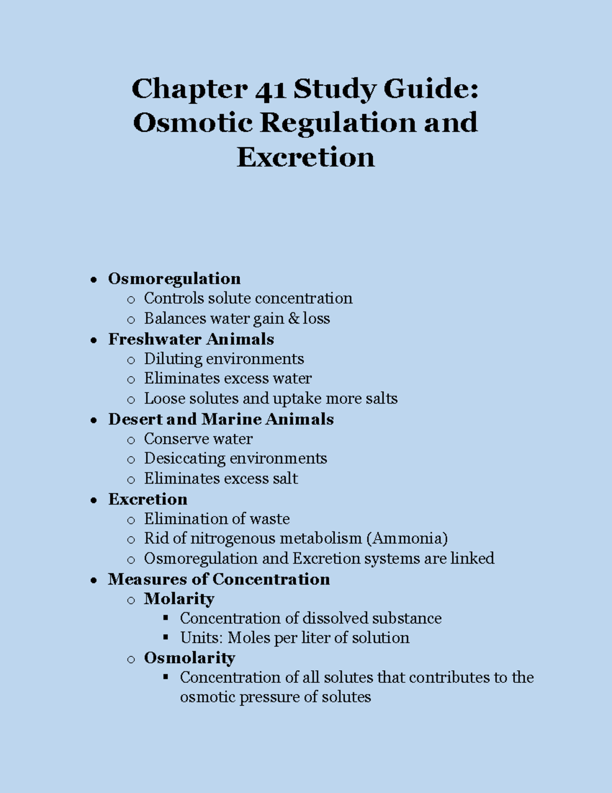 Chapter 41 Study Guide - Osmoregulation and Excretory Systems - Chapter ...