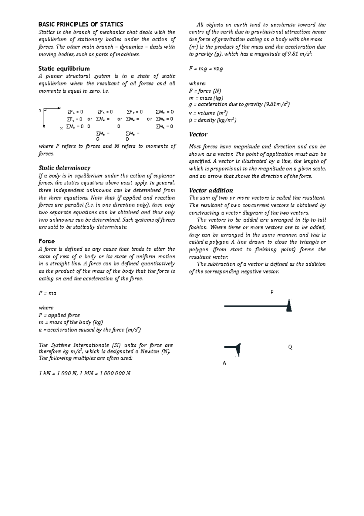 Basic Principles OF Statics - BASIC PRINCIPLES OF STATICS Statics is ...